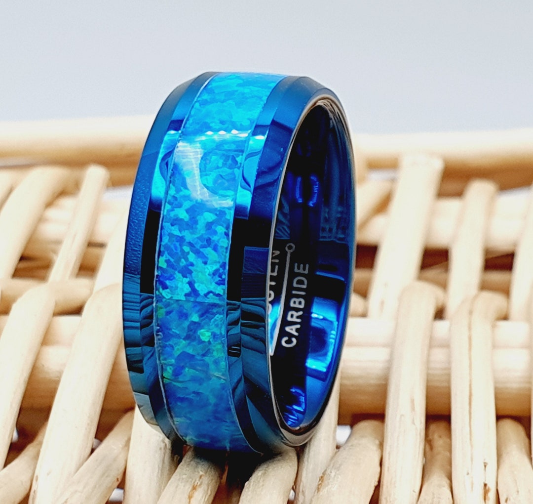 Blue Opal Tungsten Ring Men's Wedding Band Women's Wedding Ring Custom ...