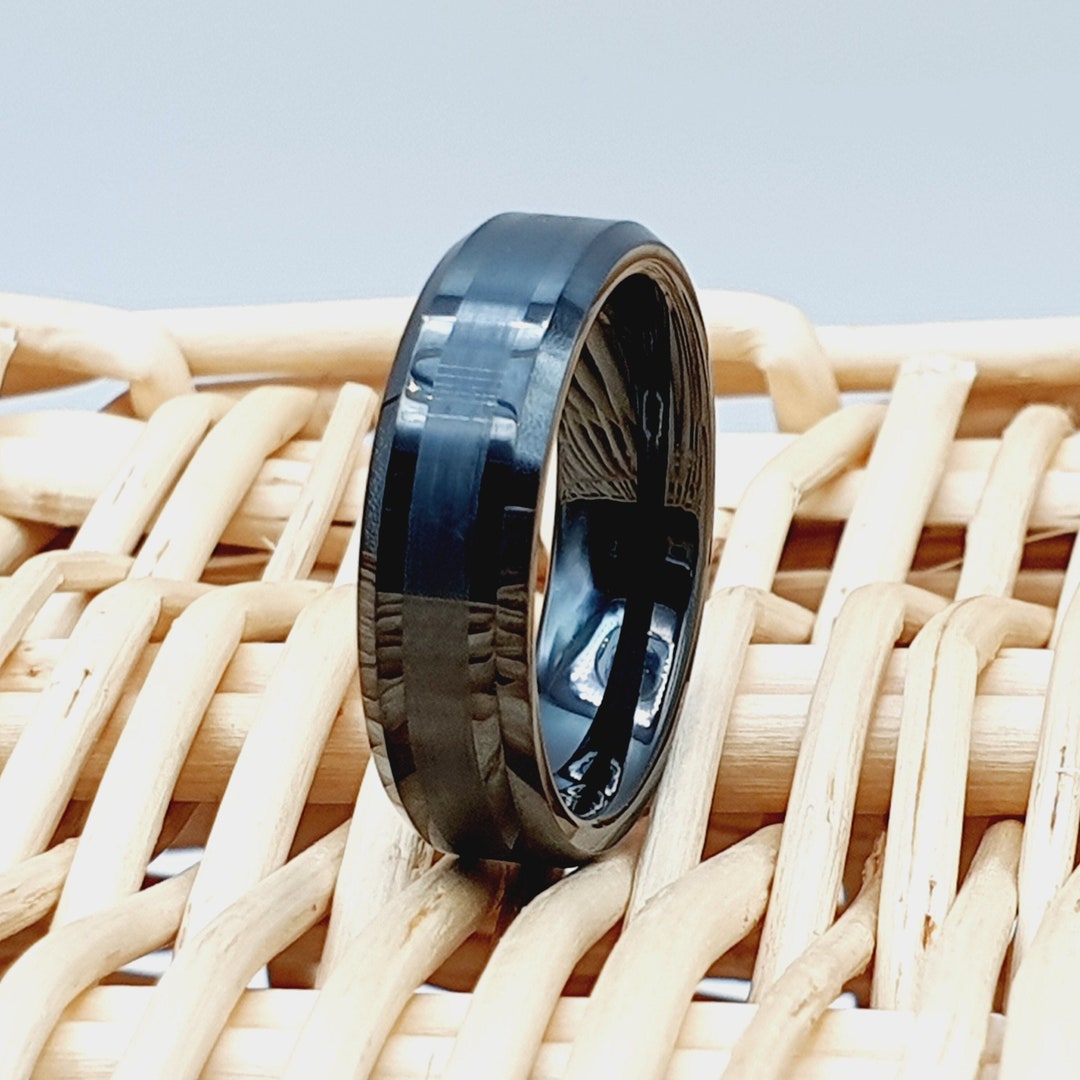 Mens Engagement Ring Anniversary Band Engraved Couple Ring, Black Gold ...