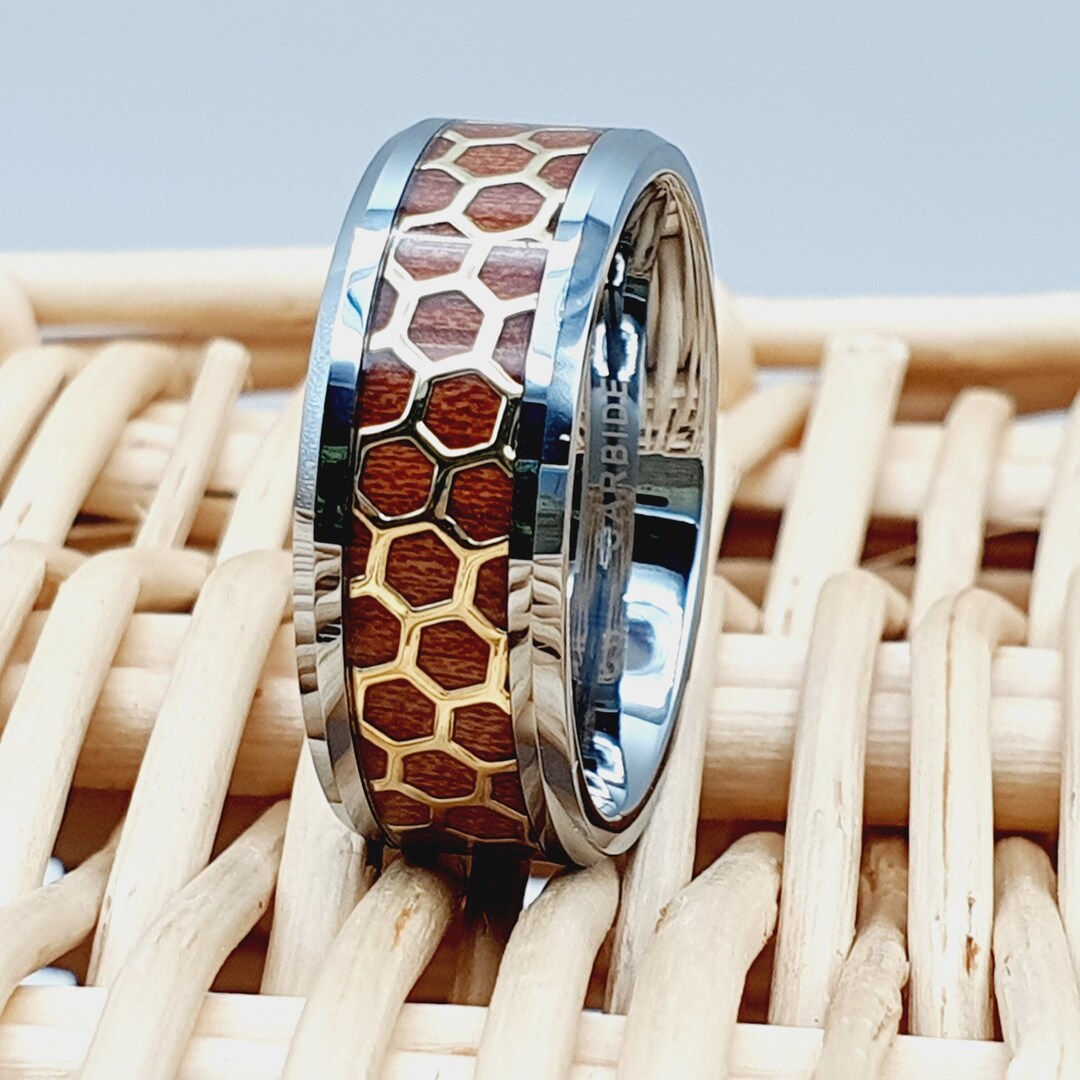 Gold Honeycomb Cut-over Rosewood Inlay Beveled Edge Tungsten Ring, Wood ...