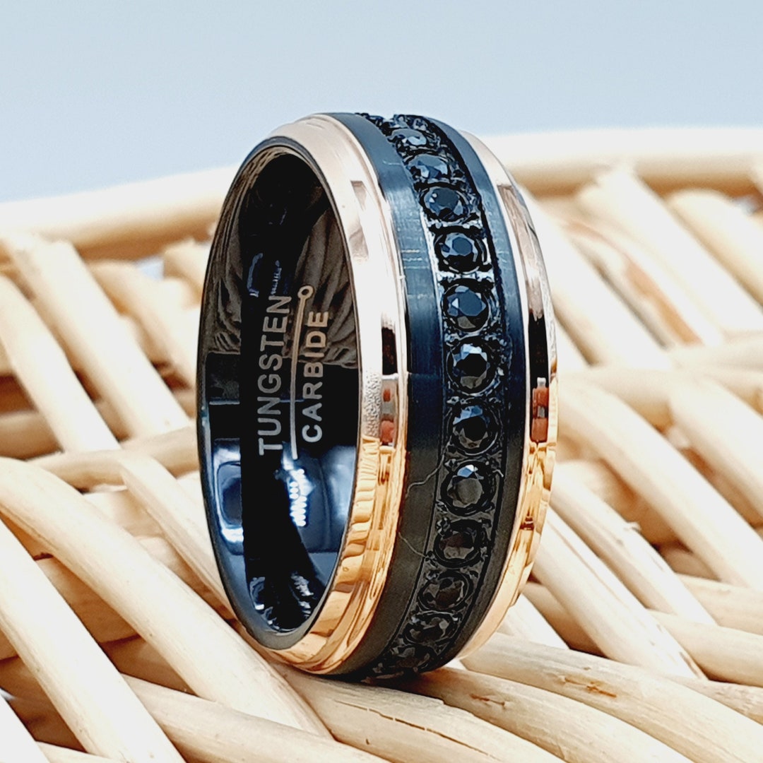 Black Band and Rose Gold Outline Tungsten Band Mens Wedding Ring ...