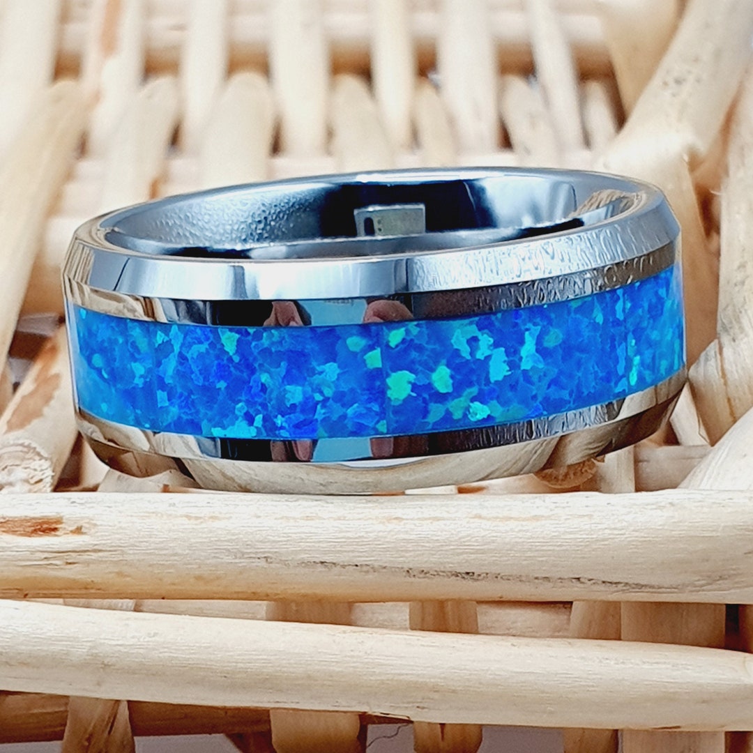 Ocean Blue Opal Wedding Band Mens Ring, Mens Wedding Band Tungsten Ring ...