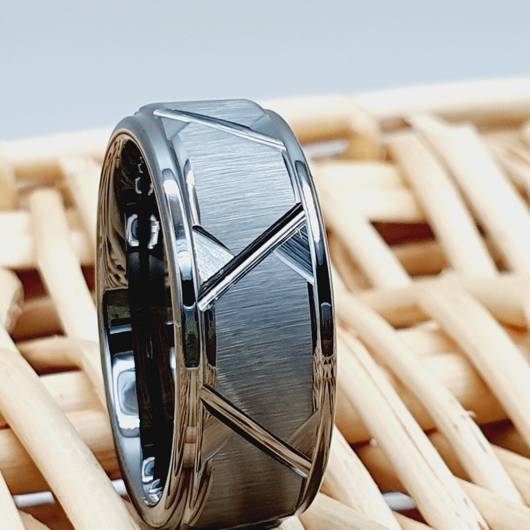 Tungsten Ring With Triangle Angle Grooves and Raised Center - Etsy