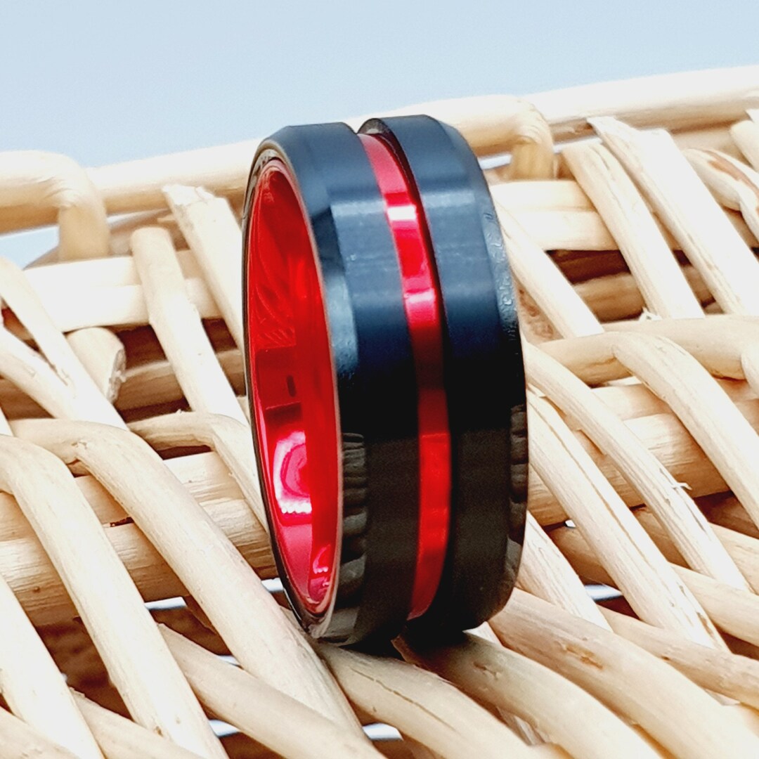 Red & Black Tungsten Ring Mens Wedding Band, Thin Red Line Gifts, Mens ...