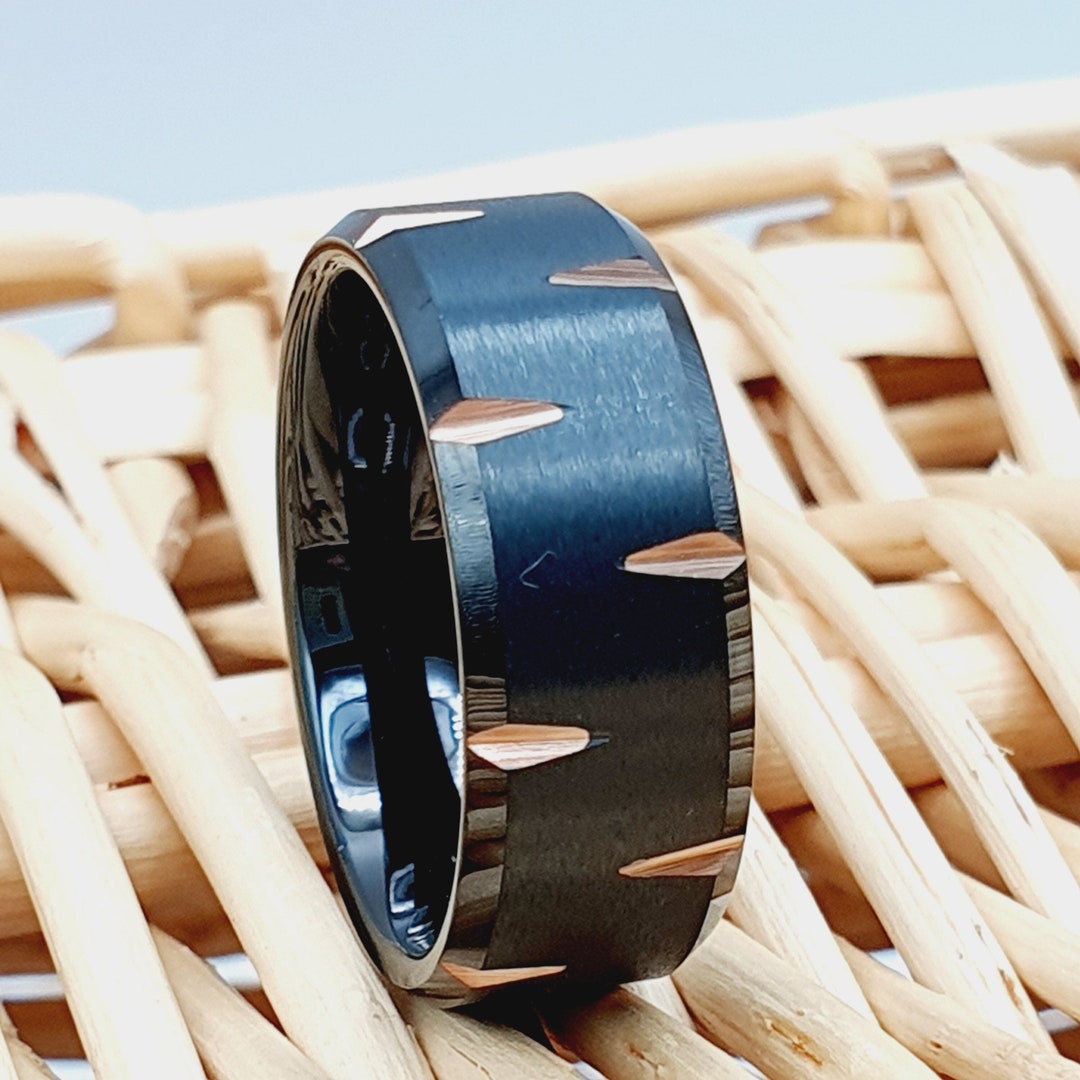 Rose Gold Wedge Cut Design Ring Mans Wedding Ring Black Tungsten ...
