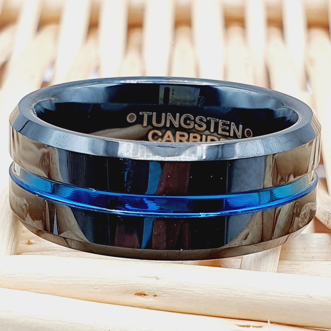 Men's Black Tungsten Ring With Dark Blue Stripe and Inner Band, Blue ...