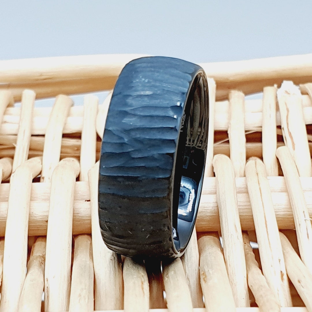 Tree Bark Carved Textured Finish Tungsten Ring, Custom Engraved ...