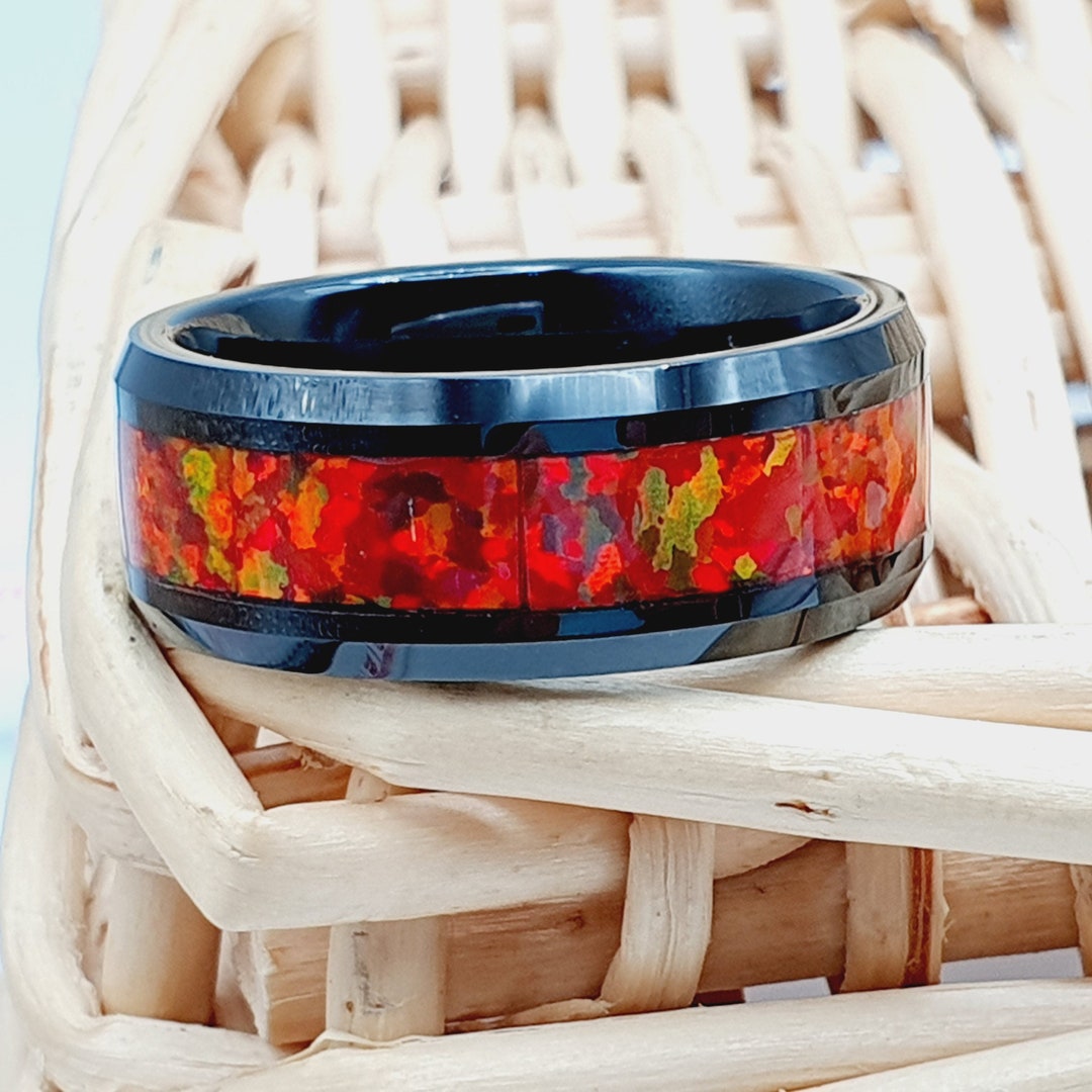 Red Fire Opal Glowstone Ring Fire Opal Inlay Wedding Band Men's ...