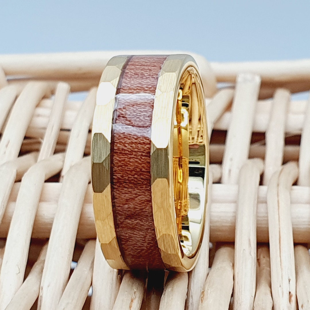 Wooden Band Yellow Gold Royal Mens Ring Couple Ring, Tungsten Ring for ...