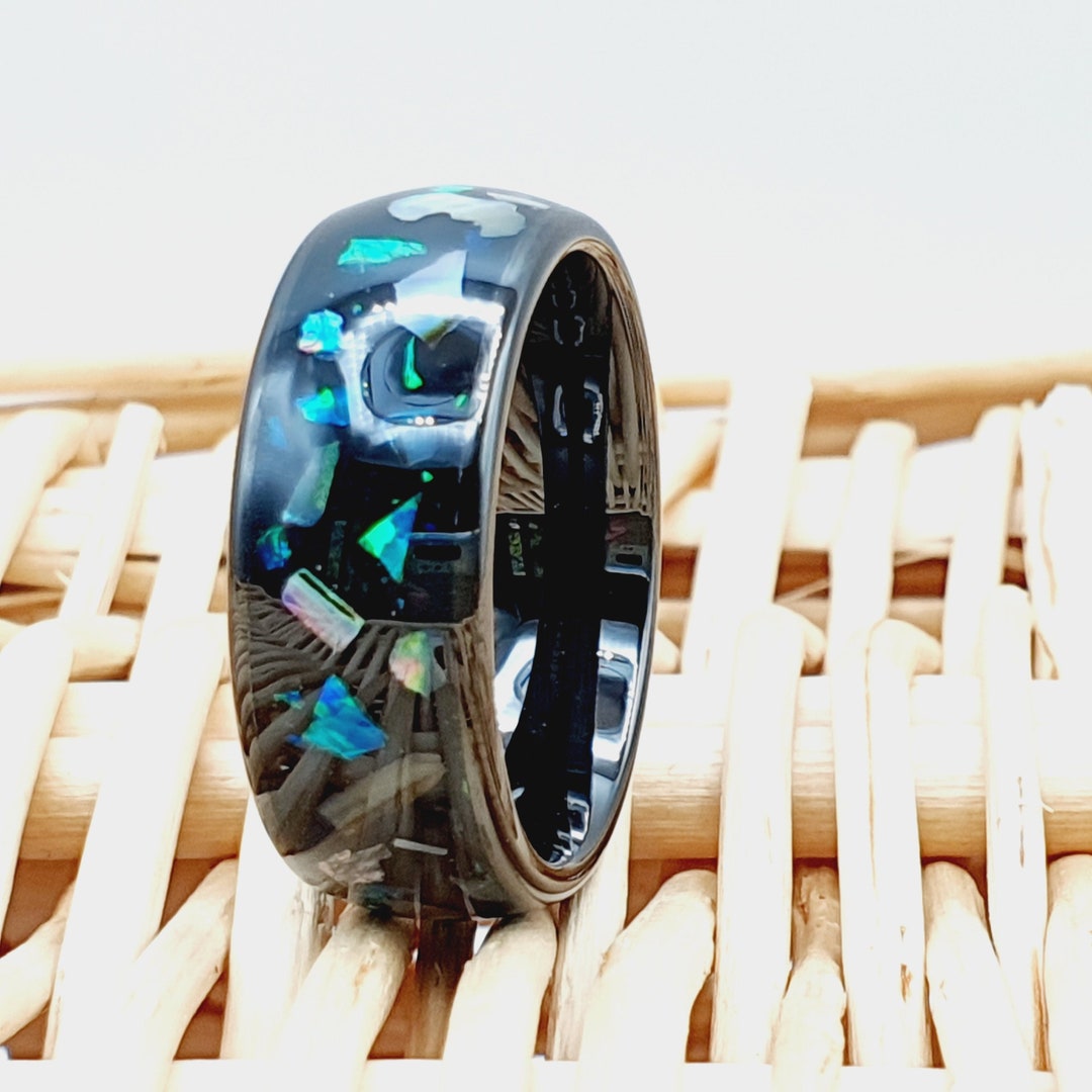 Opal & Abalone Fragments Inlay Tungsten Wedding Ring, Black Gold Dome ...