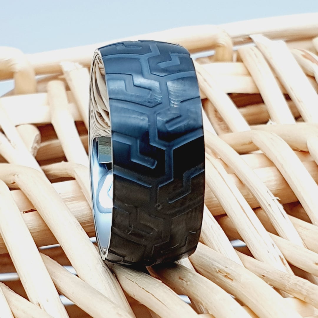 Tungsten Ring Men, Motorcycle Tire, Tire Pattern Ring, Black Biker Ring ...
