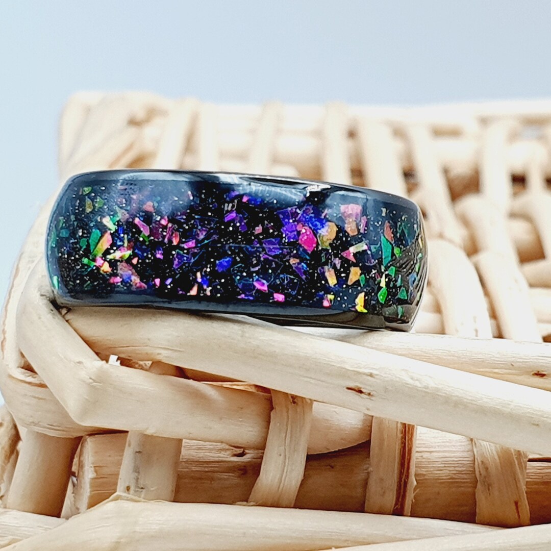 Men's Engagement 8mm Band, Domed Black Tungsten Purple Synthetic Opal ...