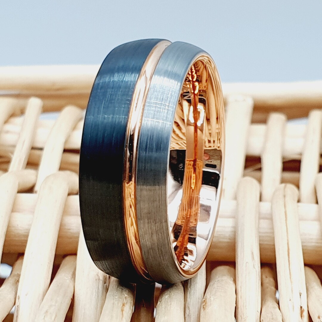 Men's Rose Gold and Black Wedding Ring, Brushed Wedding Ring, Mens ...