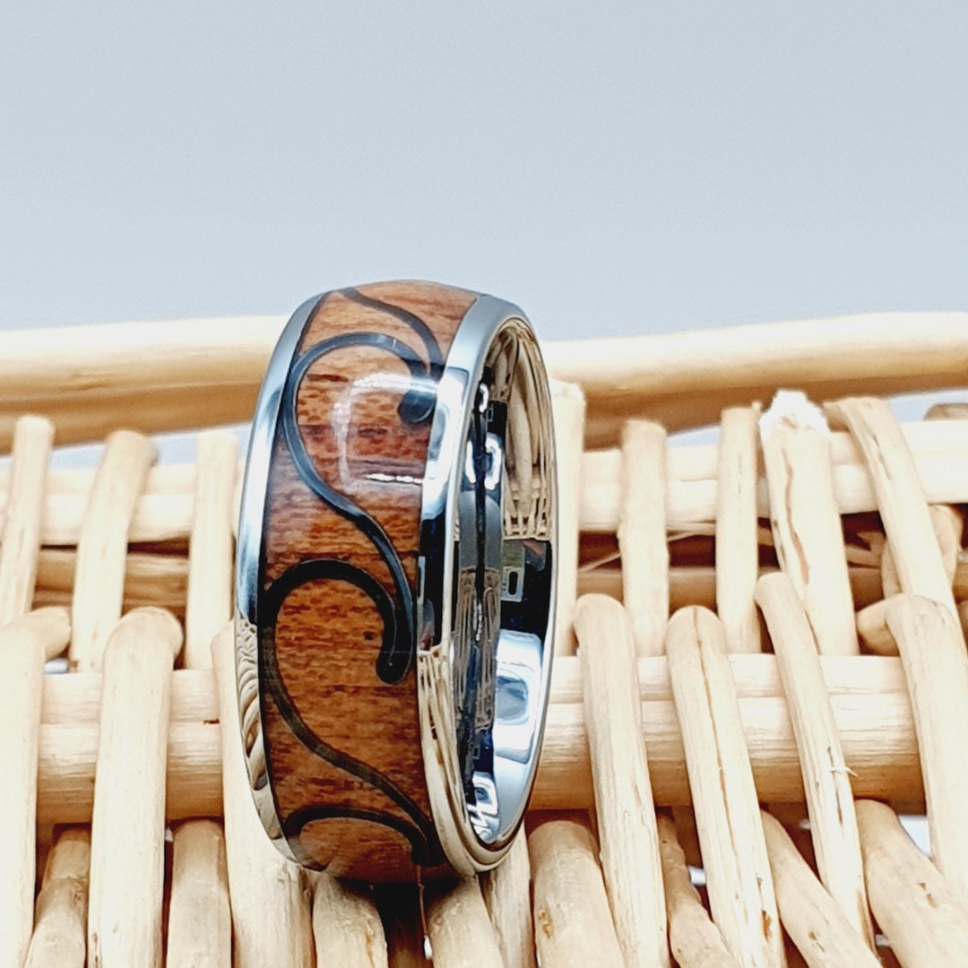 Tungsten Koa Wood Wave Ring for Men, Women 8mm Engagement Band Man Koa ...