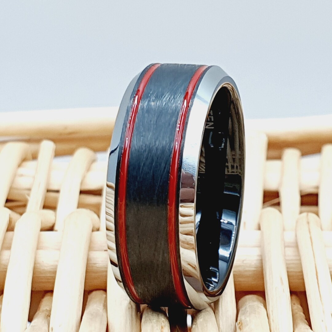 Firefighter Thin Red Line Ring, Black Tungsten Wedding Band for Men ...