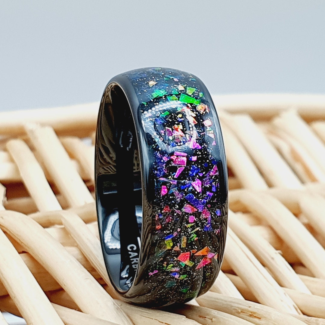 Domed Black Tungsten Purple Synthetic Opal & Abalone Fragment Inlay Men ...