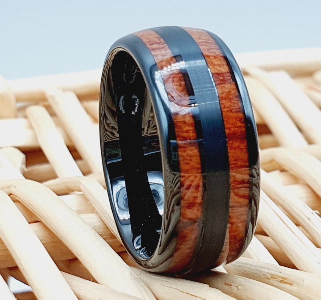 Double Fluted Wood Grain Ring, Wood Inlay Ring, Wedding Ring Men ...