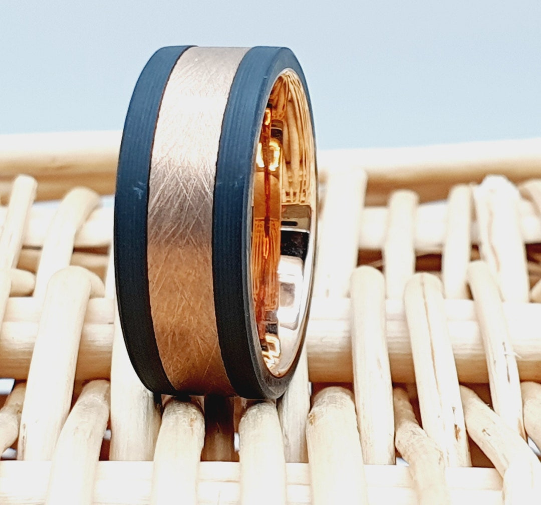 Black Rose Gold Cross Hatch Center Stepped Edge Tungsten Wedding Ring ...