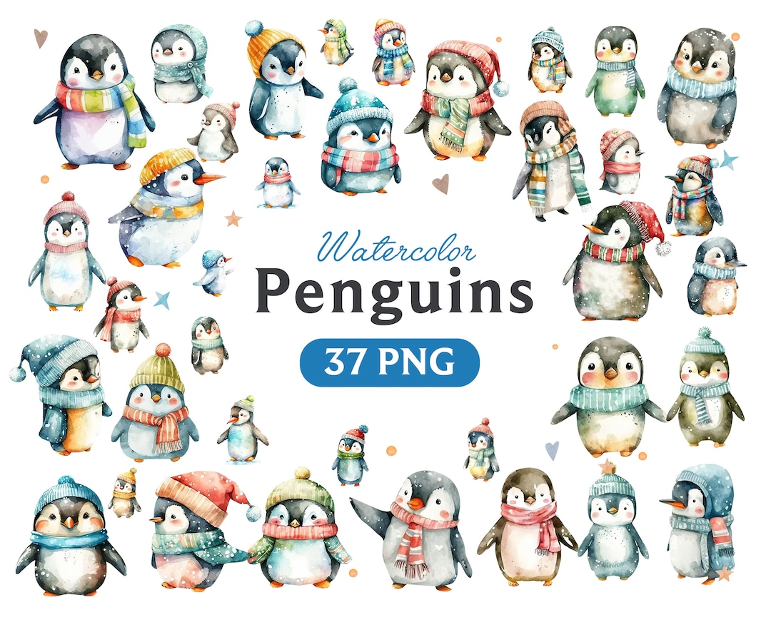 Watercolor Penguin Clipart: Winter Animals With Hats and Scarves (37 ...