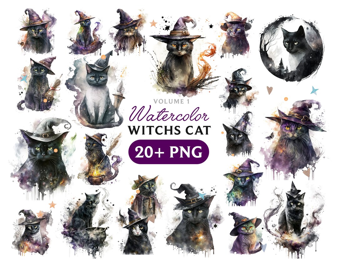 Watercolor Witches Cat, Witches Cat Clipart, Cat PNG, Witches Cat Art ...