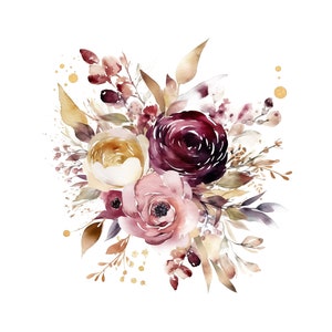 Burgundy and Gold Floral Bouquets, Digital Instant Download Vintage ...