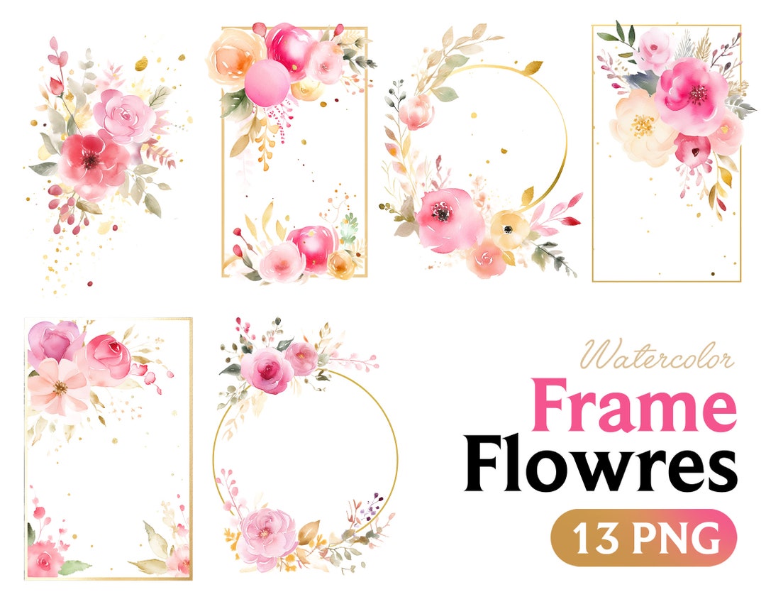 Watercolor Floral Frame Clipart: Pink Flowers, Greenery (PNG) - Etsy