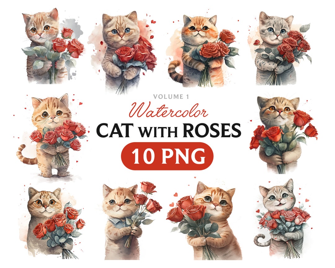 Watercolor Cat With Roses, Cat With Roses, Cat With Roses Clipart, Cat ...