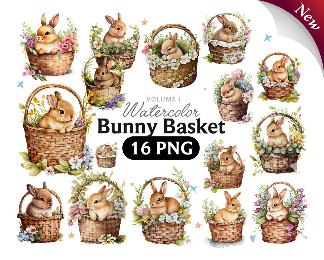 Watercolor Easter Bunny PNG Clipart: Bunny in Basket (digital Download ...
