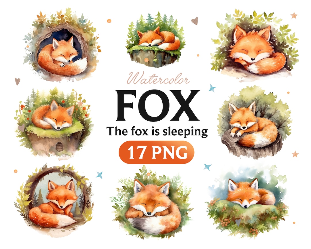 Cute Sleeping Fox Clipart PNG, Watercolor Baby Fox Clip Art PNG Digital ...