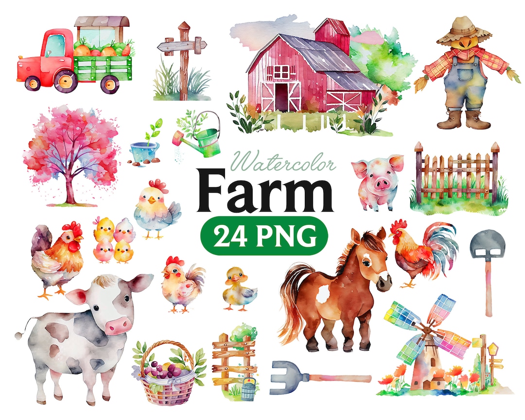 Cute Farm Clipart, Farm Animals Watercolor Digital Clipart - Etsy