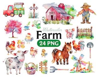 Farmhouse Watercolor Clipart Farm Animal Clipart Watercolor Farmyard ...