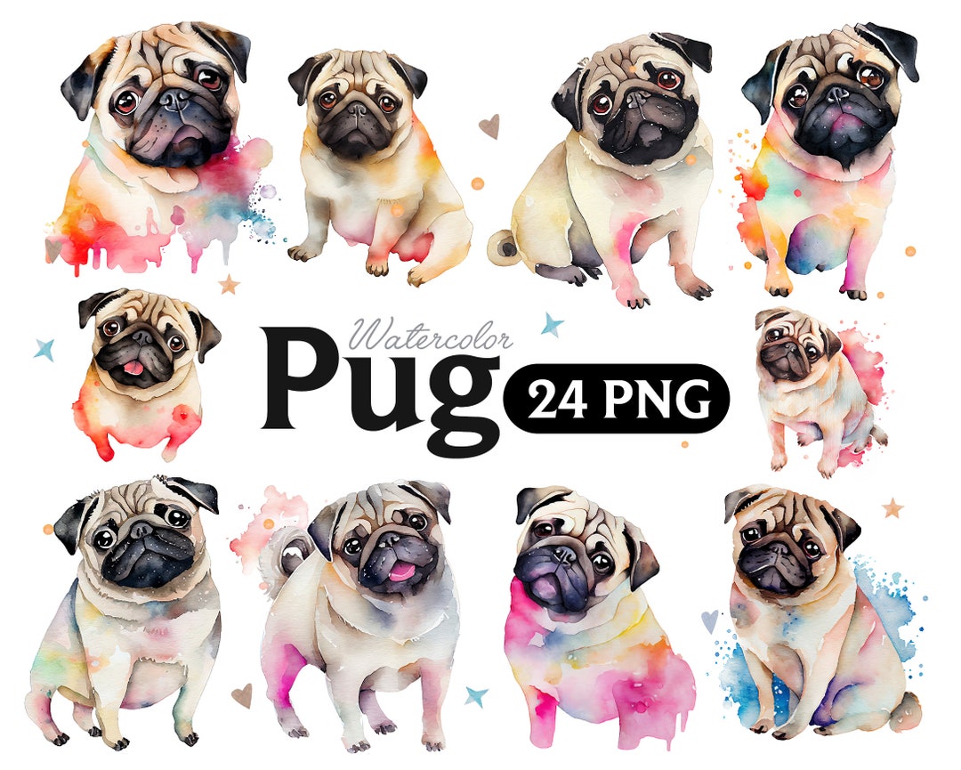 Pug Clipart, Pug Watercolor Clipart, Cute Dog Nursery Decor Wall Art ...