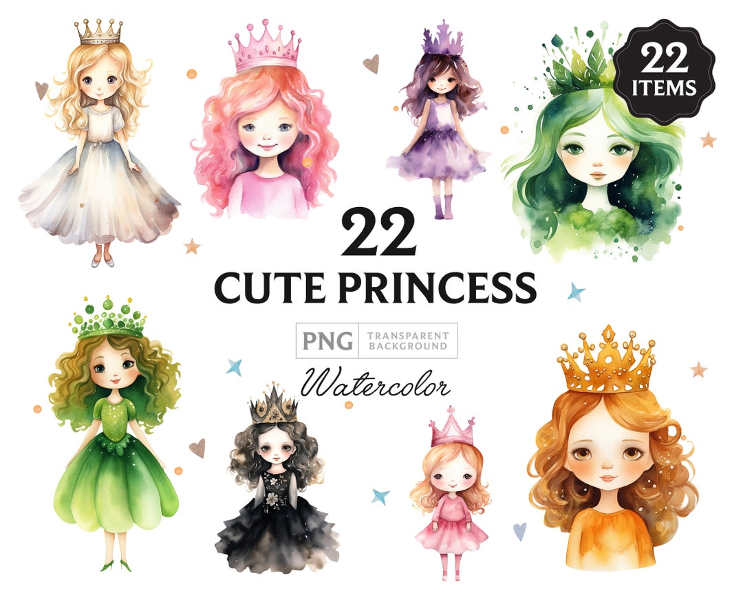 Watercolor Cute Princess PNG Bundle, Digital Crafts Designs Transparent ...