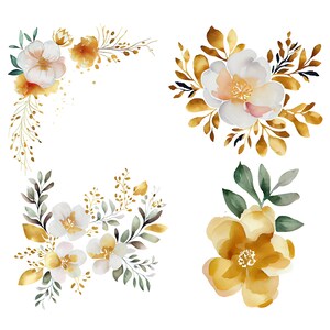 Flowers, White and Gold Floral Clipart, Floral Watercolor Clipart ...