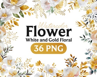 White and Gold Floral Clipart Floral Watercolor Clipart Wedding PNG ...