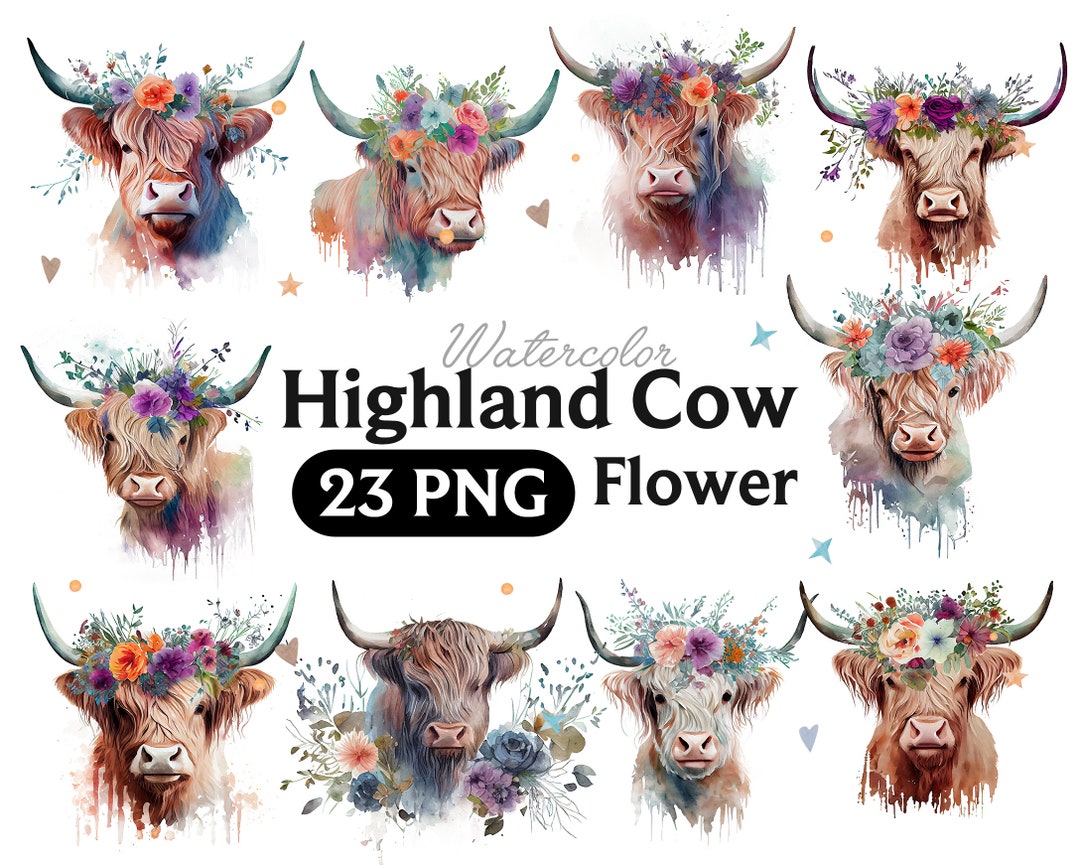 Highland Cow PNG, Cow Watercolor Clipart, Highland Cow Flower, Farm ...