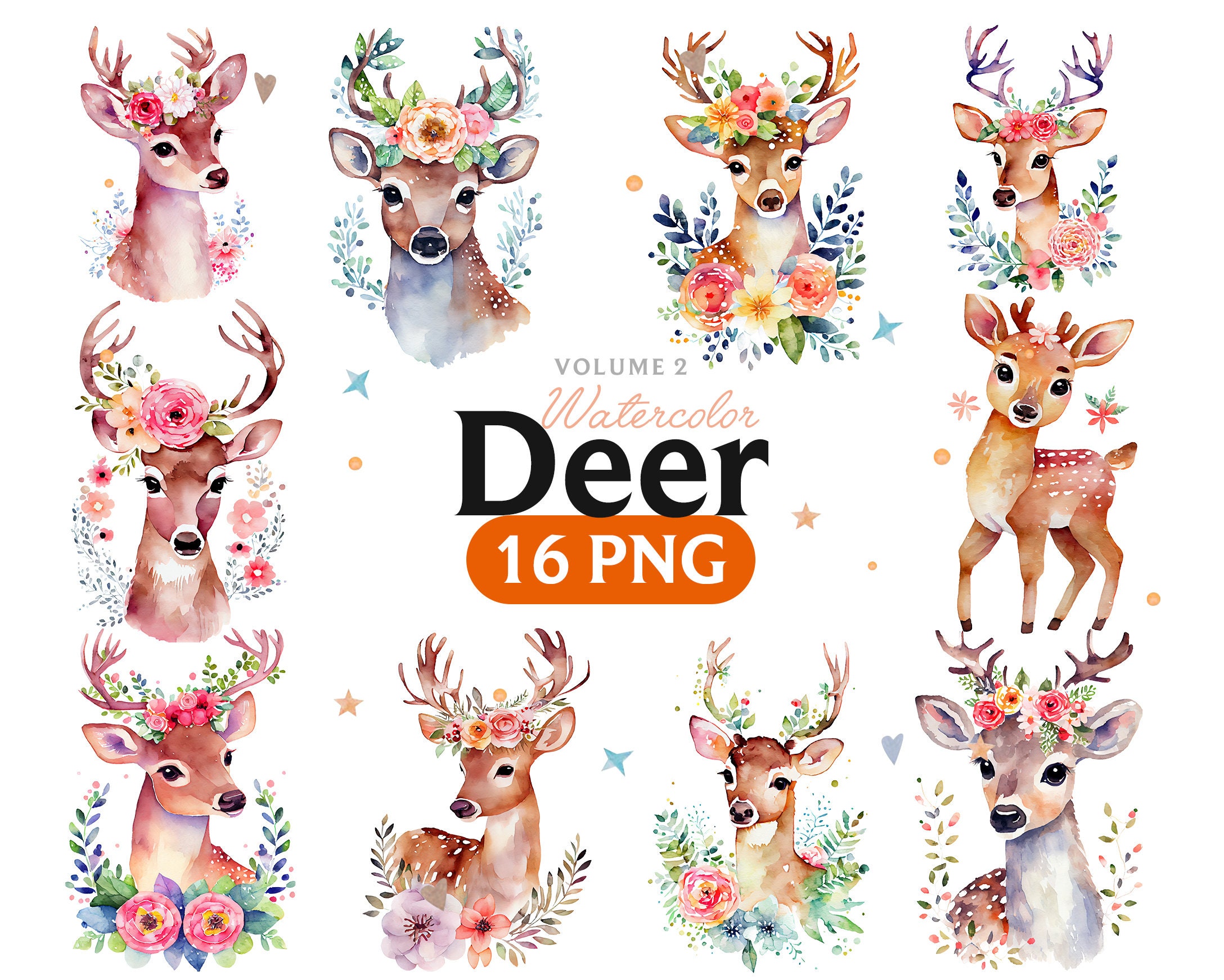 Watercolor Deer Deer Clipart Floral Deer Clipart Bundle - Etsy