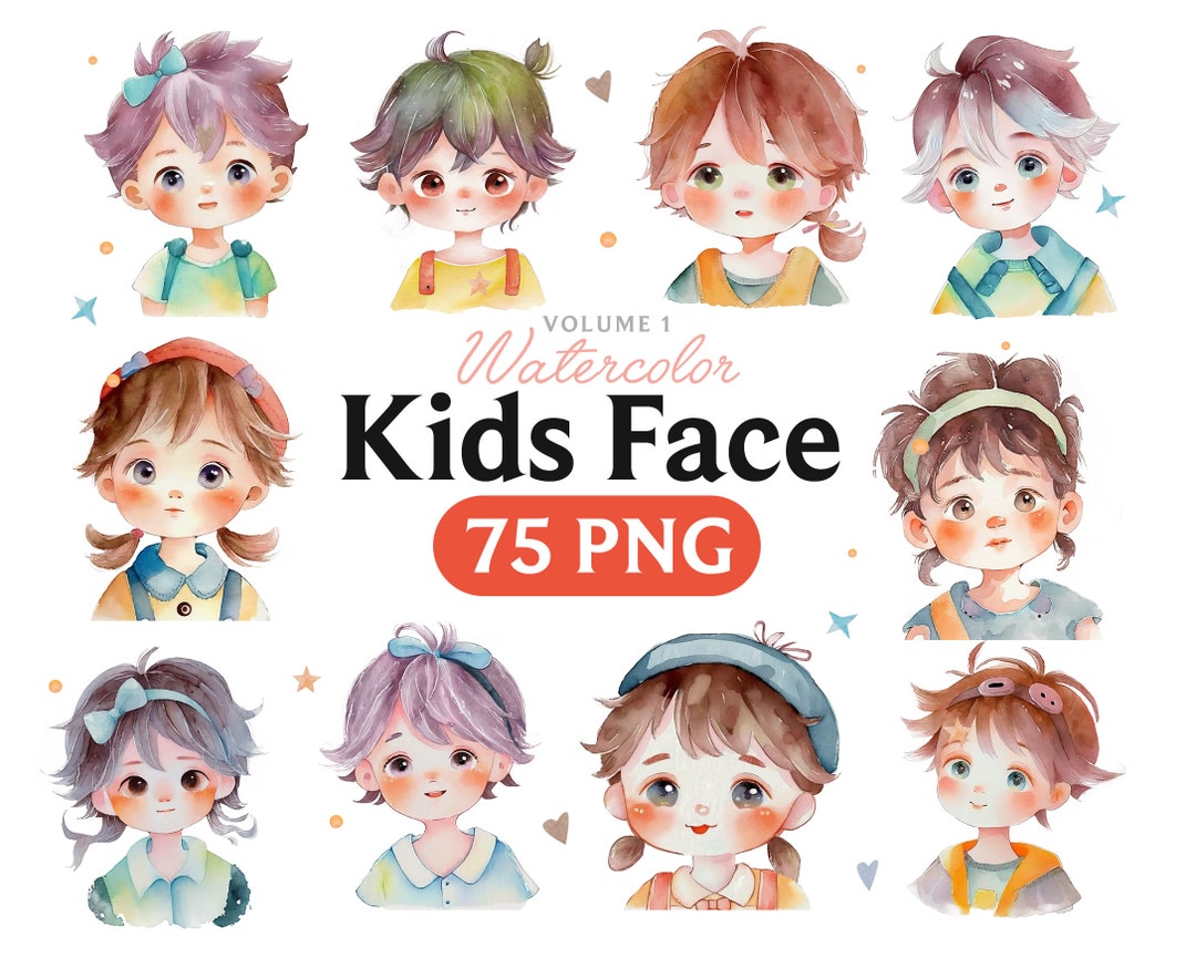 Cute Faces Clipart, Kids Face Watercolor, Kids Clipart, Children ...
