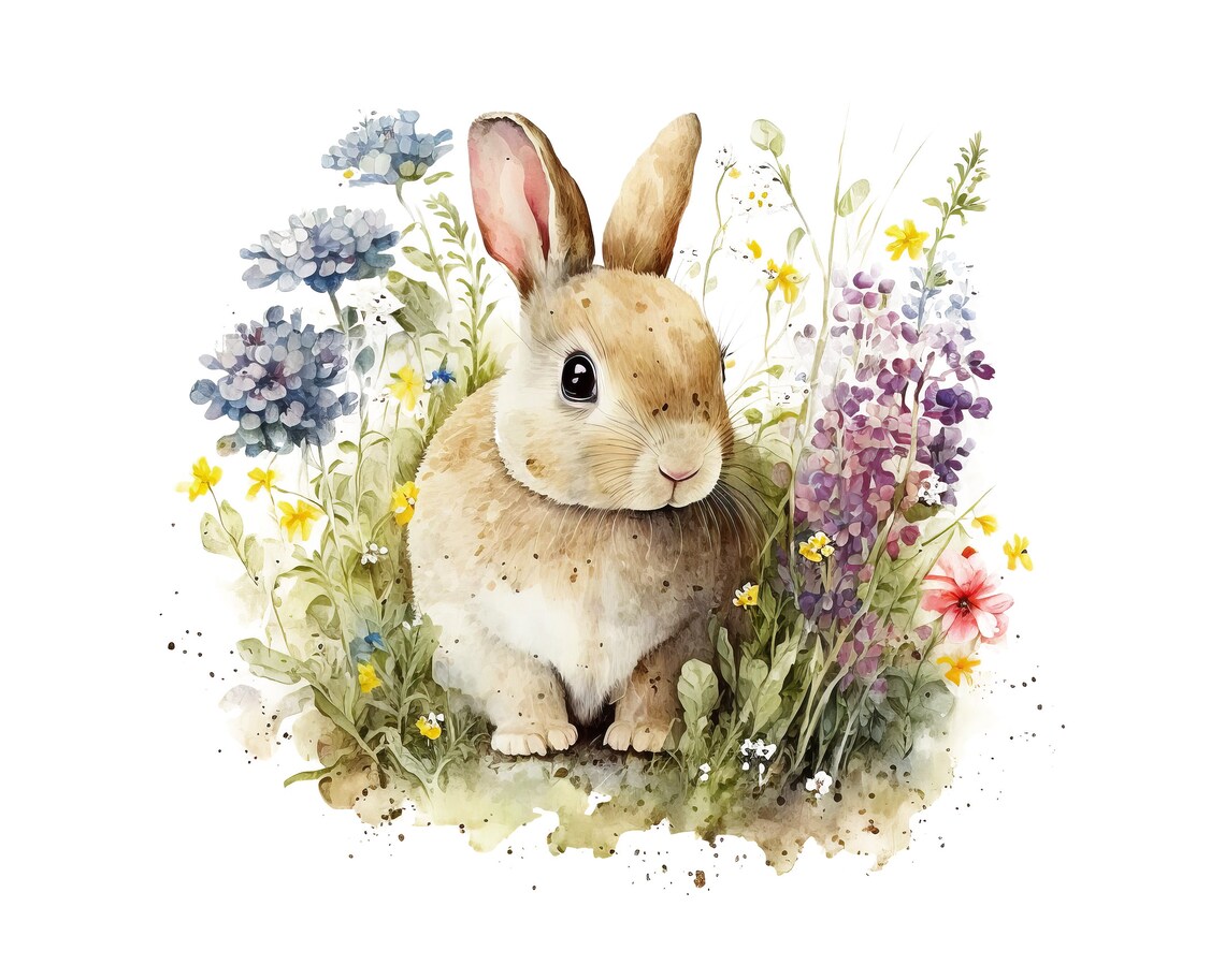 Watercolor Easter Bunny Clipart: Floral Spring Rabbit PNG (digital ...