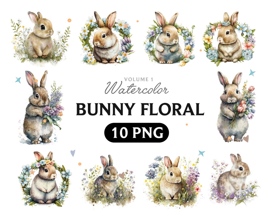 Watercolor Easter Bunny Clipart: Floral Spring Rabbit PNG (digital ...