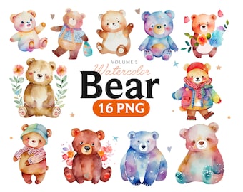 Brown Bear Watercolor Clipart, Cute Baby Shower Graphics, Nursery Decor ...