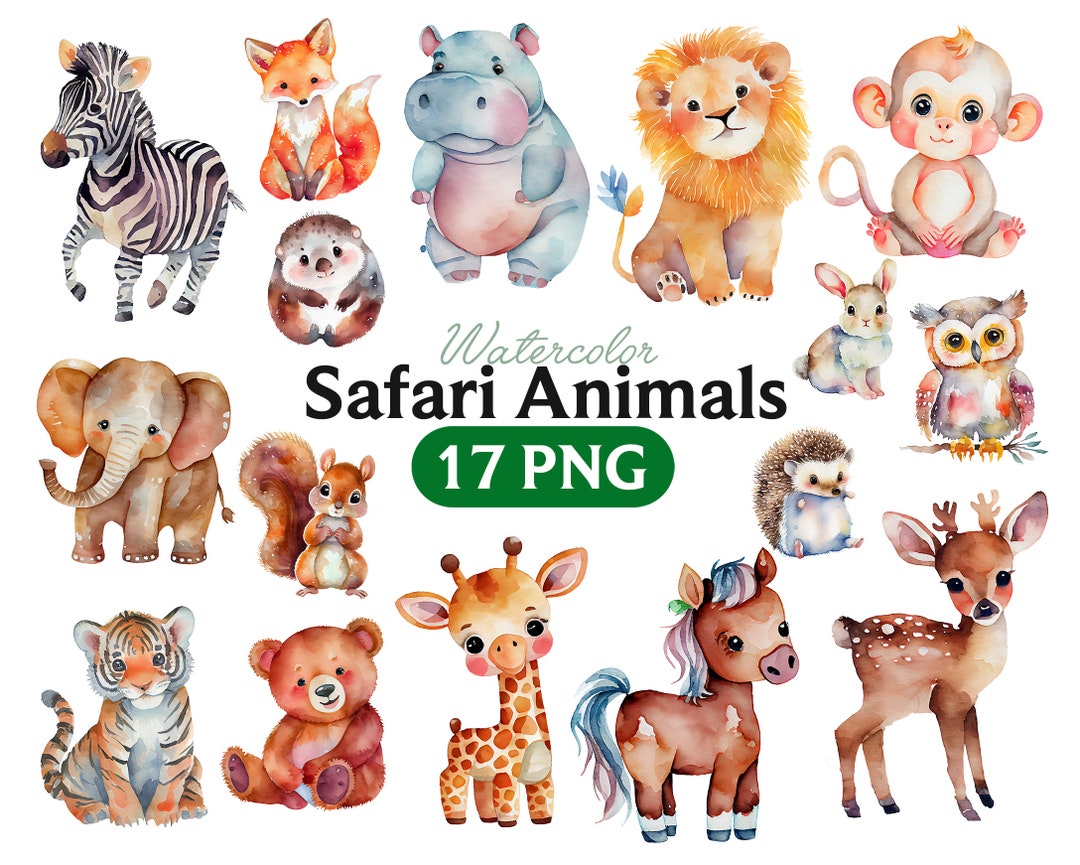 Safari Animals in Watercolor Clipart Bundle. PNG Images With ...