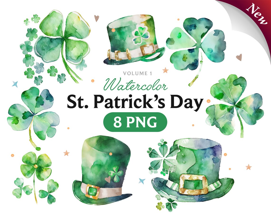 St. Patrick's Day Watercolor Clipart: Shamrock & Leprechaun Hat (8 PNG ...