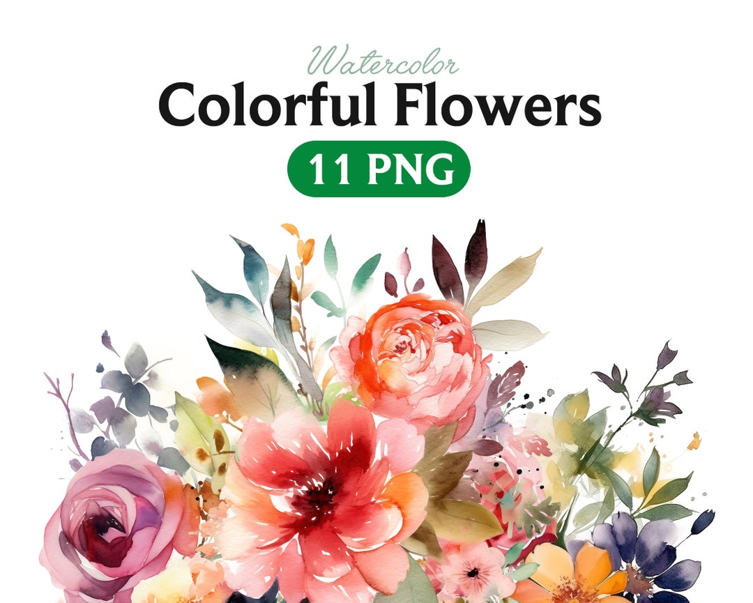 Watercolor Flower Clipart: Colorful Floral PNG Bundle (digital Download ...