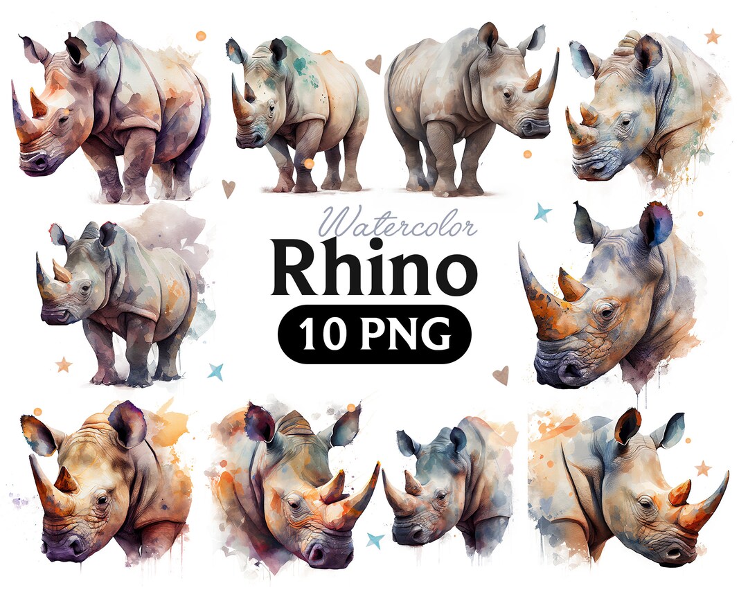 Rhino, Watercolor Rhino Clipart, Rhino Decor Wall Art, Rhino PNG ...