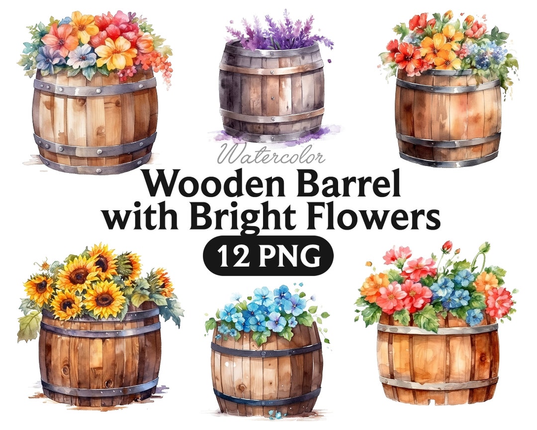 Watercolor Flower Barrel, Wooden Barrel With Bright Flowers, Flower ...
