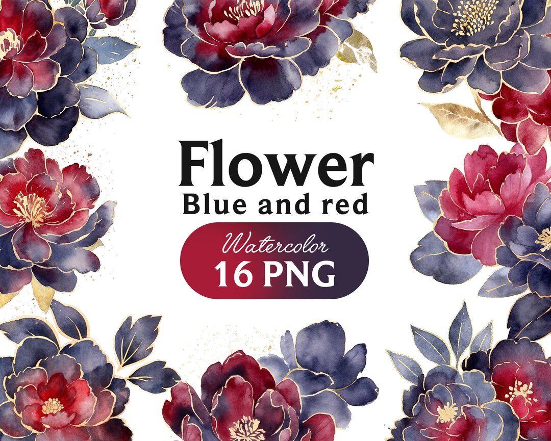 Flowers PNG, Watercolor Flower Clipart, Blue and Red Flowers Bundle ...