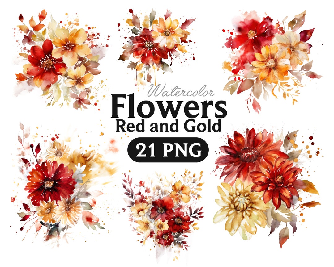 Red and Gold Floral Clip Art, Digital Instant Download Painted ...