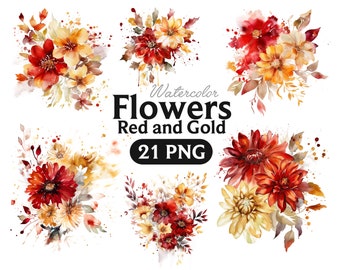 Red and Gold Floral Clip Art Clipart ,instant Download, 22 Transparent ...