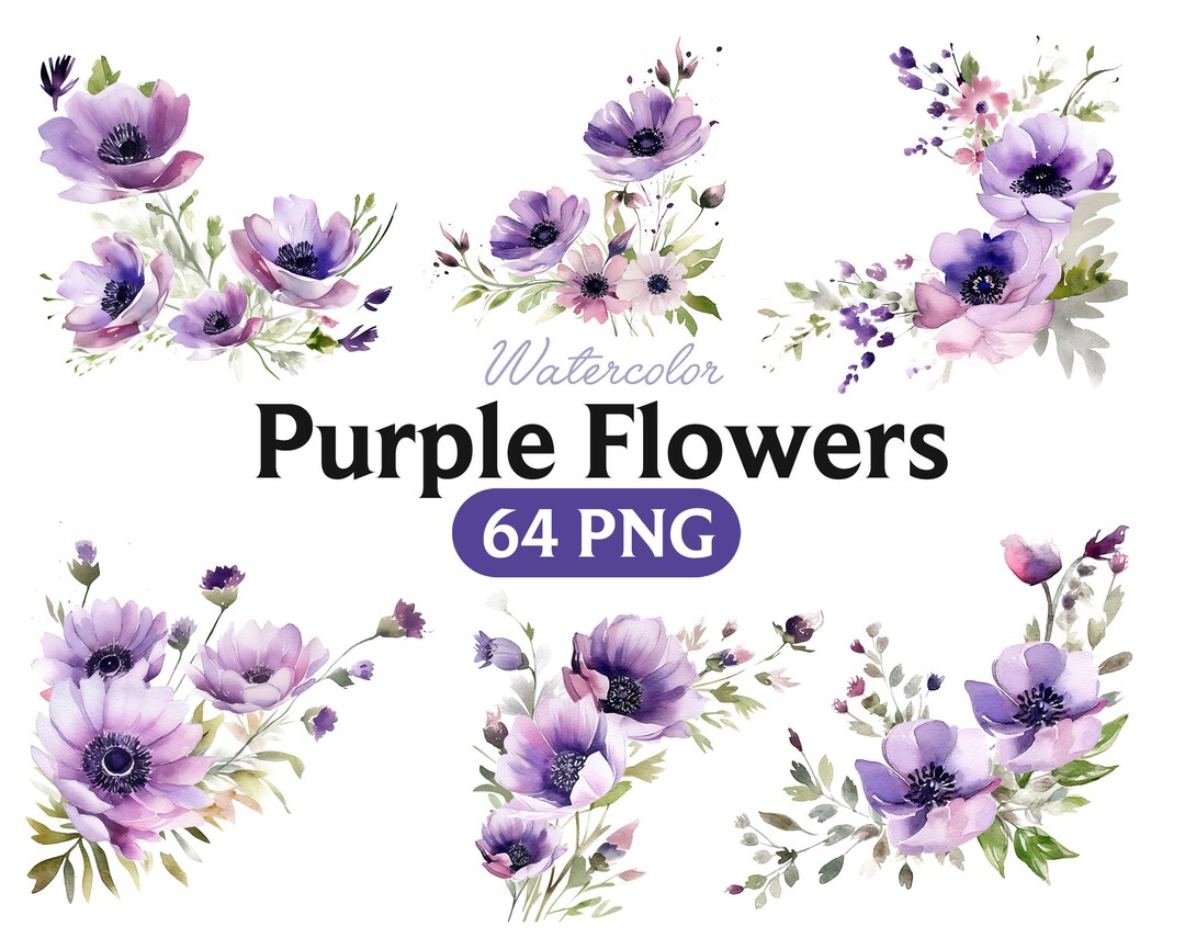 Purple Flowers PNG, Watercolor Flower Clipart, Purple Flowers Bundle ...