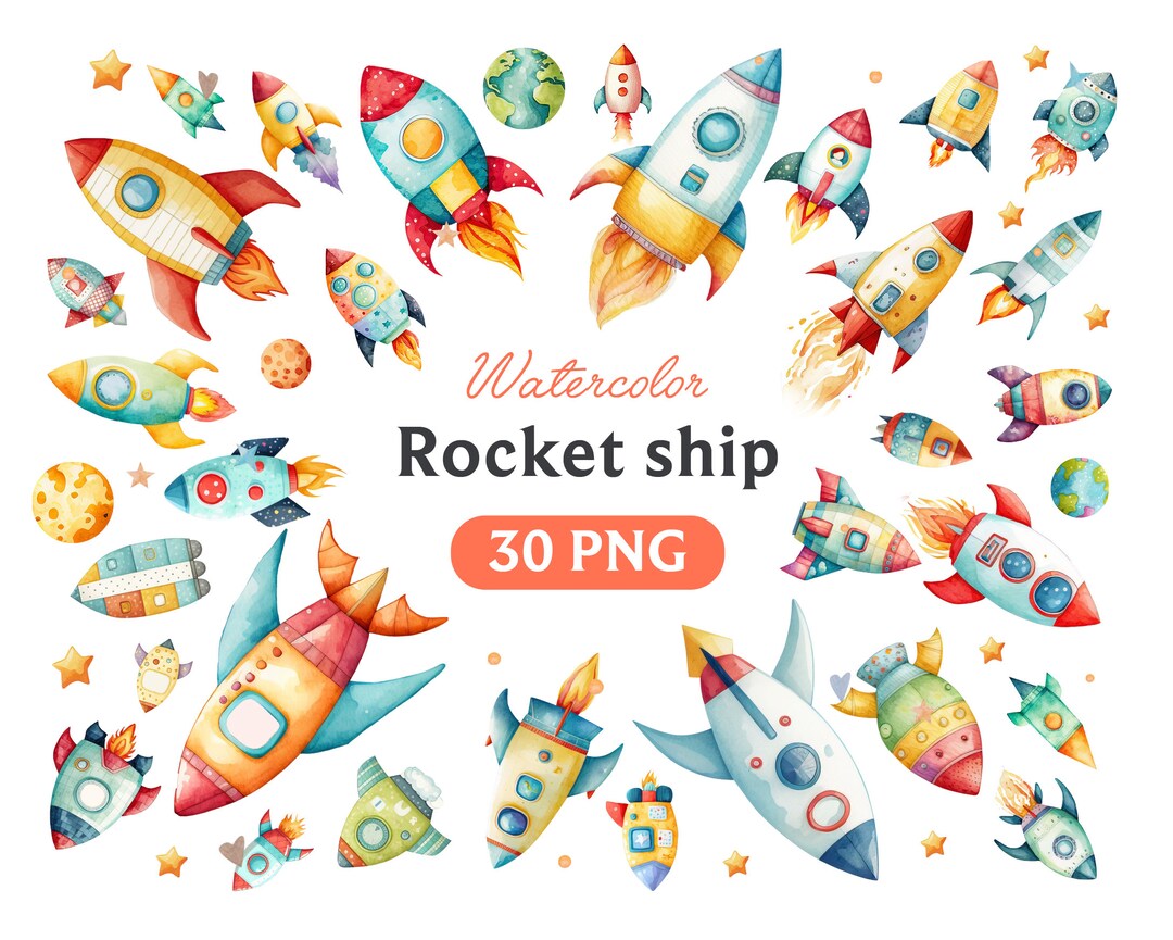 Watercolor Rocket Ship, Rocket Ship Clipart, Rocket Ship PNG, Rocket ...